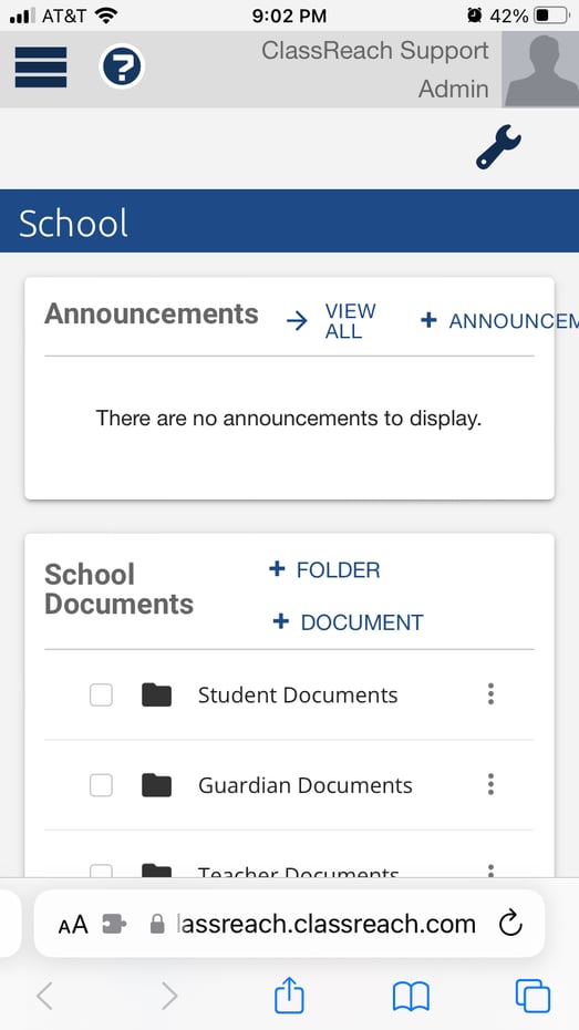 ClassReach Web App on a Mobile Device
